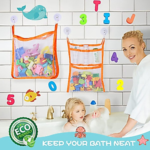 Bath Toy Organizer, SUNDOKI Bath Toy Holder Storage Bags with 4 Suction Cup Hooks and 2 Bath Toy Nets for Kids, Toddlers and Adults (Orange)