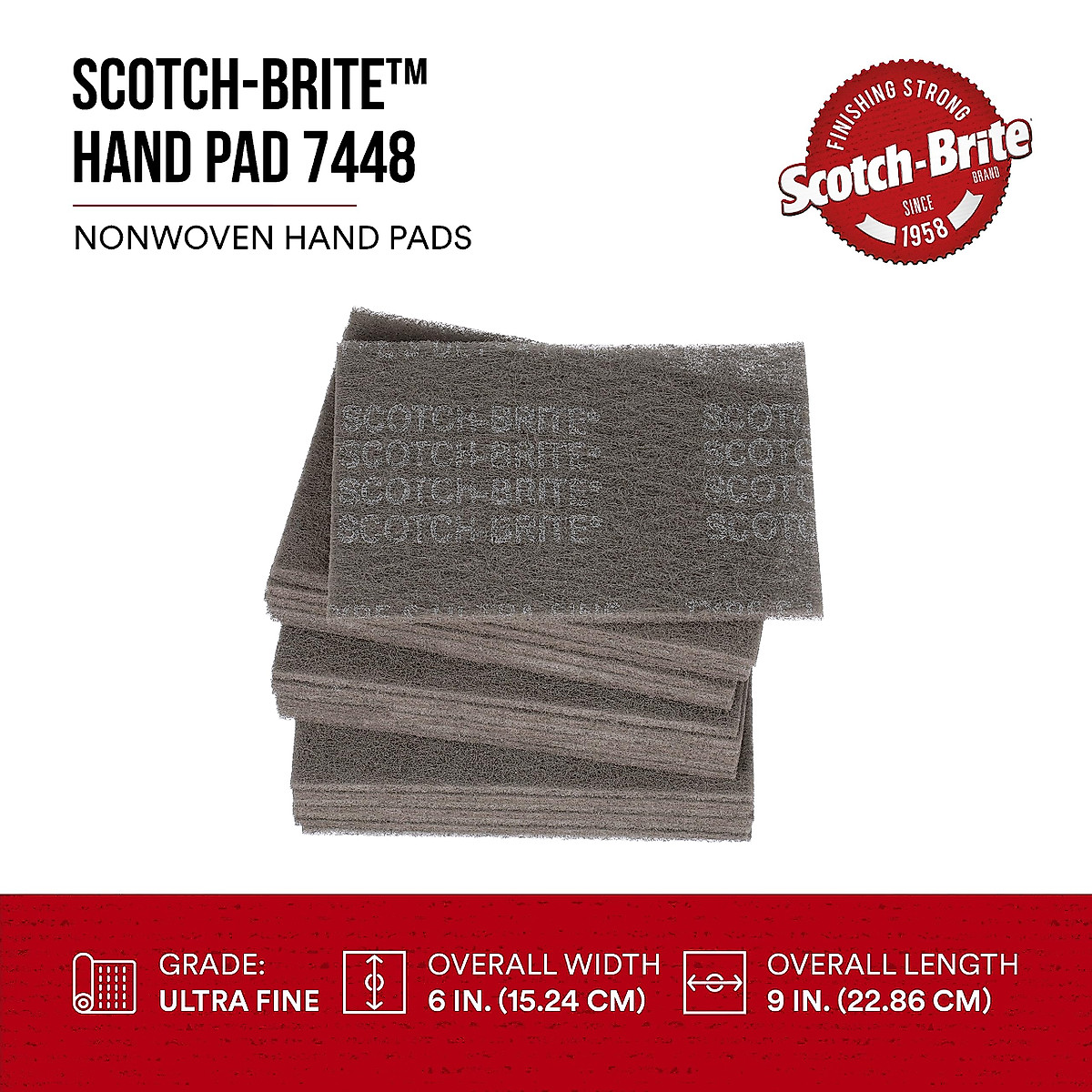 Scotch-Brite Ultra Fine Grade 7448 Hand Pad, Pack of 3, 6 in x 9 in Hand Pads, Nonwoven Silicon Carbide, Surface Preparation, Scuffing, and Cleaning, Gray