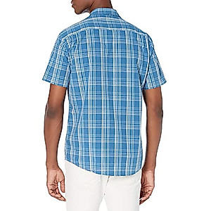 Amazon Essentials Men's Regular-Fit Short-Sleeve Poplin Shirt, Aqua Blue Checked, Large