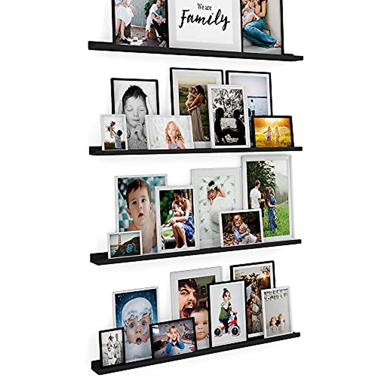 Wallniture Denver 46" Wall Shelves for Picture Frames, Floating Shelves for Wall, Picture Ledge Shelf, Set of 4, Black