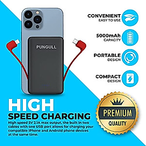 PUNGULL Slim Small Portable Phone Charger 5000mAh - Compact Mini Power Bank Built-in Cable Cute Mobile Cell Phone External Battery Pack 5V 2A USB-C Compatible with iPhones Airpods Samsung Heated Vest