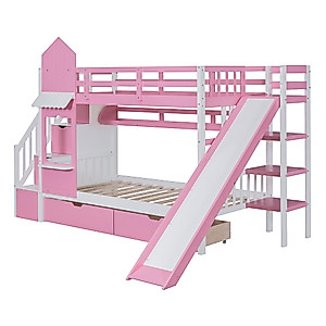 Bellemave Twin Over Twin Castle Bunk Bed with Slide & Storage Stairs, Wood Playhouse Bunk Beds Frame with Shelves & Drawers, Pink Princess Bunk Bed for Girls Boys Teens, No Box Spring Needed