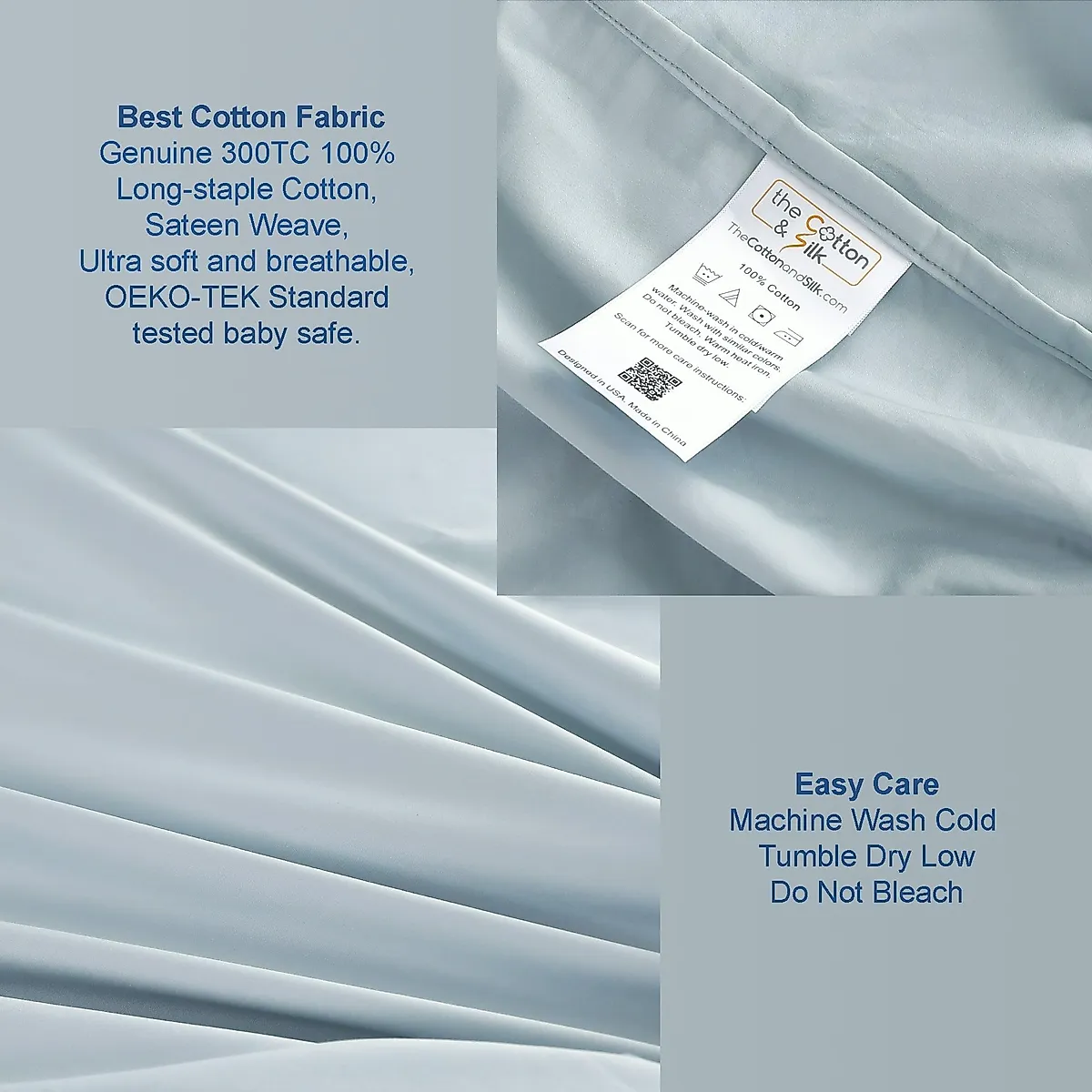 The Cotton & Silk 100% Luxury Long-Staple Cotton Fitted Sheet – 5-Star Hotel Quality Bed Sheet, Soft, Breathable & Durable – Full/Double (54 x 75 + 16"), Misty Blue, 300TC, Deep Pocket with Elastic