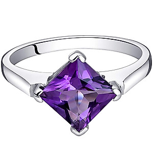 PEORA Amethyst Engagement Ring in Sterling Silver, Classic Designer Solitaire, Princess Cut, 7mm, 1.50 Carats, Comfort Fit, Size 8