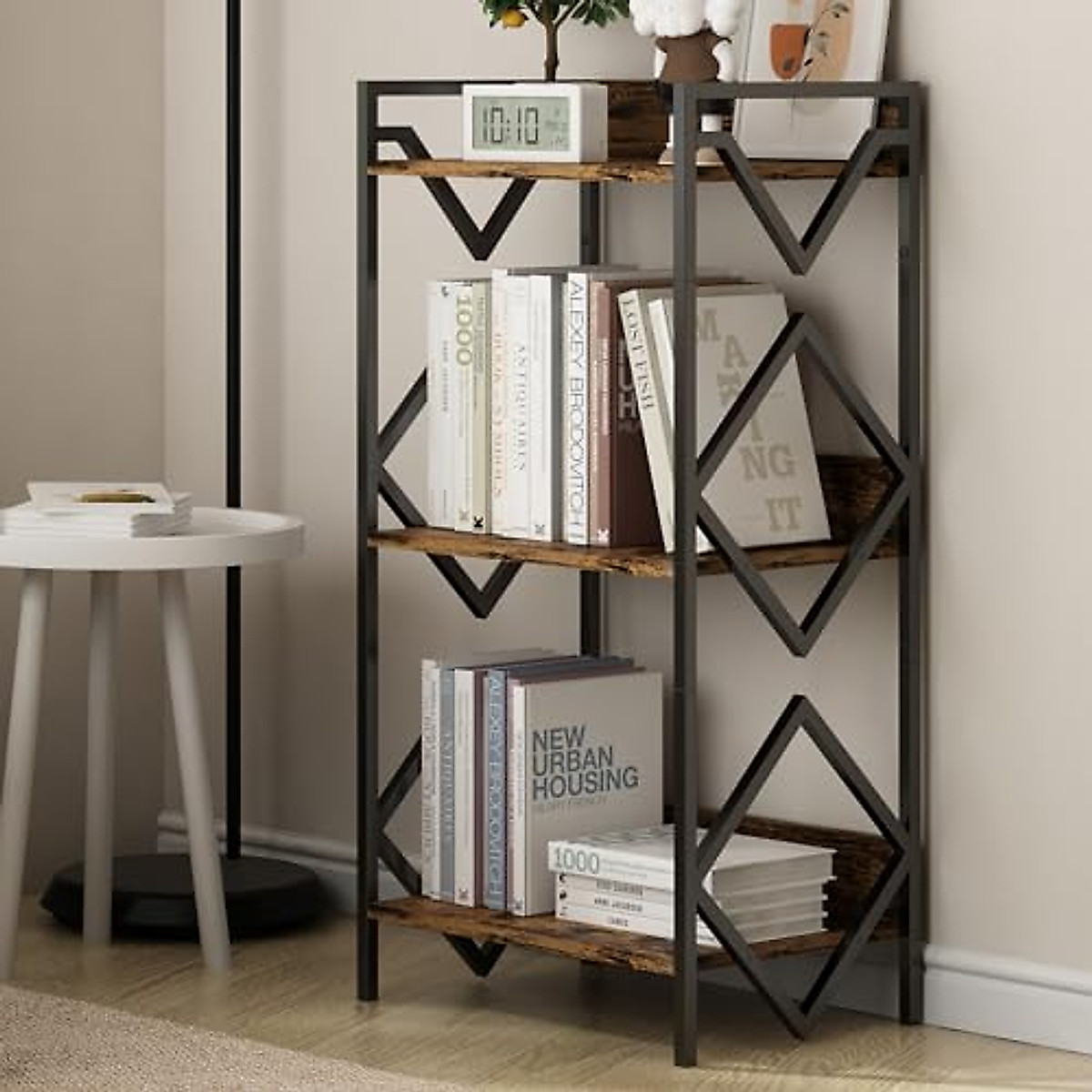 GILLAS 3 Tier Bookshelf for Small Space, Metal Shelving Unit for Book Storage Organizer for Office Living Room Bedroom, Rustic Short Stand Bookcase, End Table, Black