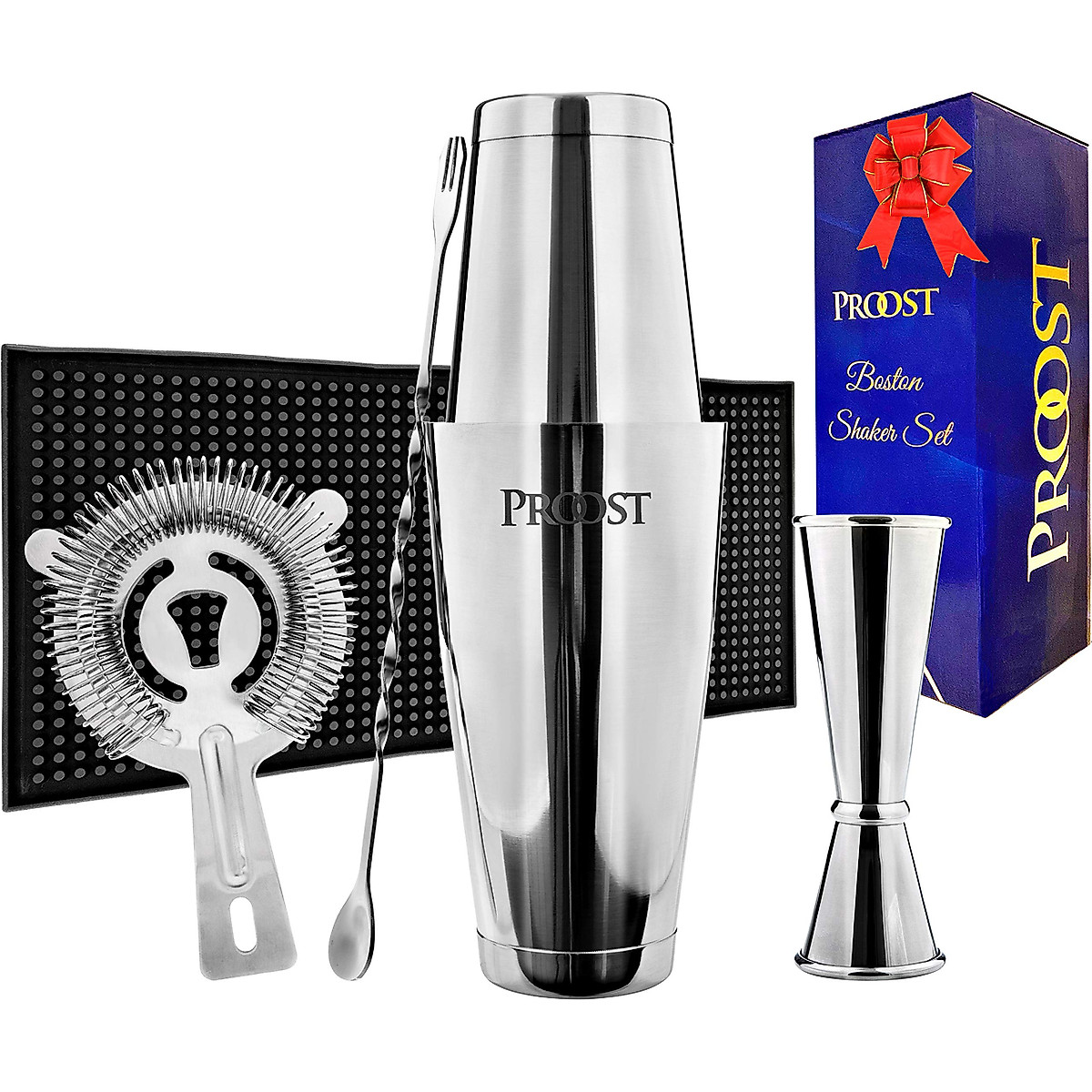 Boston Shaker Set with Bar Mat, Cocktail Shaker Set - Bartender Kit, Perfect Bar Set for Home Bar with Essential Bar Tools