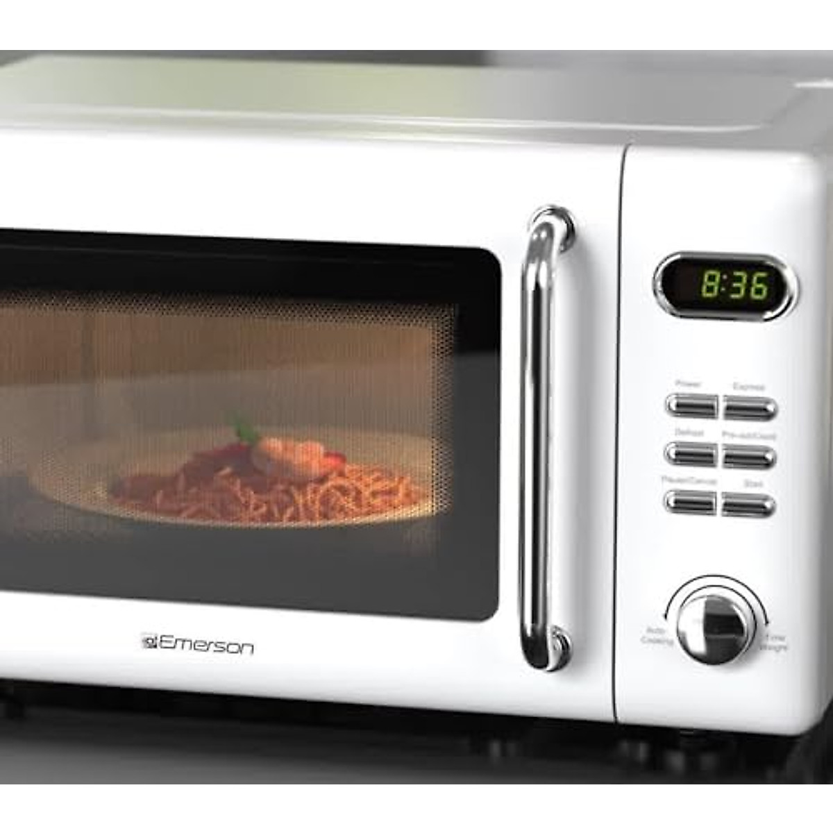 Emerson MWR7020W-N Retro Digital Microwave Oven with Timer & LED Display 700W with 5 Micro Power Levels, 8 Pre-Programmed Settings, Express & Defrost, with Child Safe Lock, 0.7 Cu. Ft, White