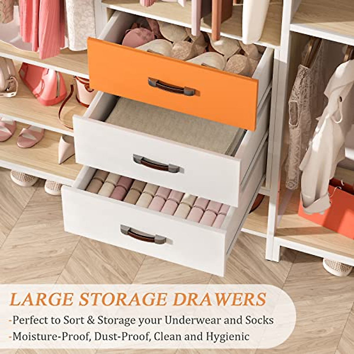 Cyclysio 84'' Heavy Duty Closet System, Large Wooden Garment Rack, L Shape Corner Walk-in Closet, Clothing Rack with Shelves, Closet Organizer System with 11 Shelves, 3 Wood Drawers, 6 Rod, White