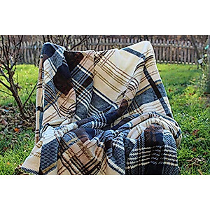 Tache Winter Cabin Blue Tan Farmhouse Super Soft Micro Fleece Tartan Plaid Plush Lightweight Throw Blanket, 66x90, Twin Size