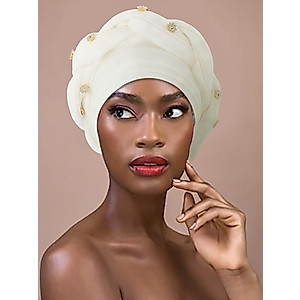 Woeoe Women African Turban Pre-Tied Twisted Beanie Cap Headwear Rhinestone Soft Stretchy Head Turbans (White)