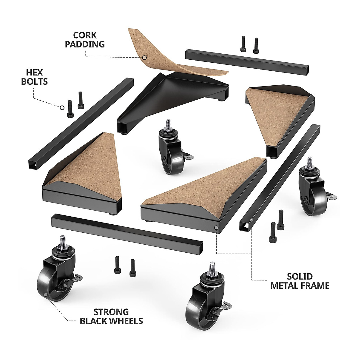 BYTESIUM PC Tower Stand – Metal Frame – Adjustable Width and Length – 4 Locking Wheels – Cork Pads – Computer Tower Stand for ATX – Easy Assembly – Wide Size Range – Computer Cart – CPU Holder
