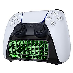 MoKo Keyboard for PS5 Controller with Green Backlight, Bluetooth Wireless Mini Keypad Chatpad for Playstation 5, Built-in Speaker & 3.5mm Audio Jack for PS5 Controller Accessories, Black & White