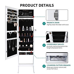 YITAHOME 2 in 1 Jewelry Cabinet with Full Length Mirror, Standing Large Capacity Jewelry Armoire Organizer with 2 Drawers, 3 Angle Adjustable, White