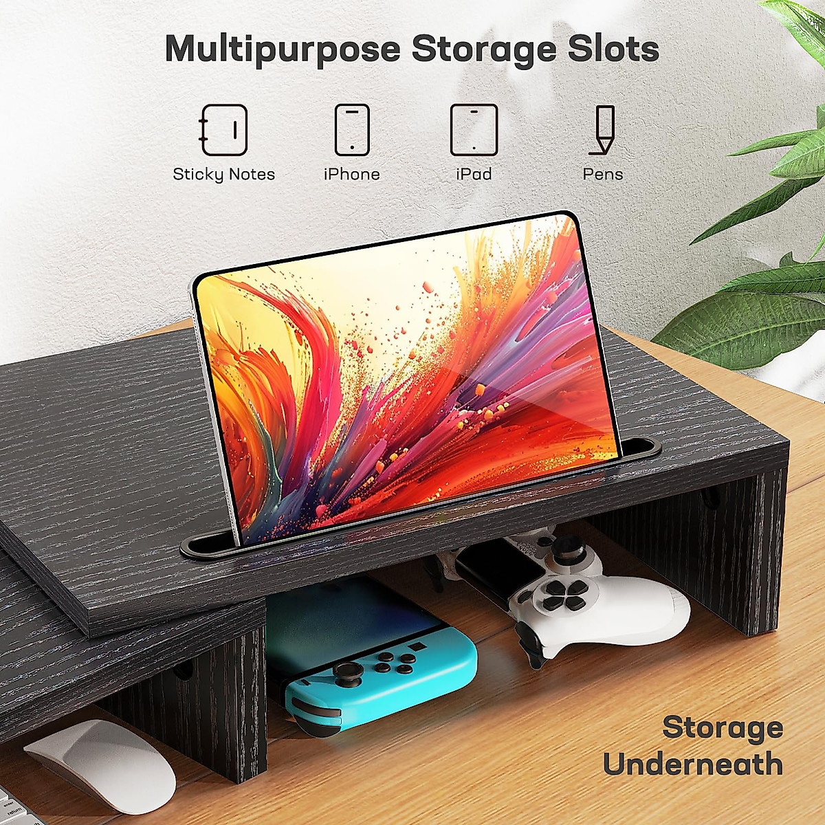 LORYERGO Dual Monitor Stand - [Upgraded] Monitor Stand w/ 2 Slots for Phone & Tablet, Dual Monitor Riser, Length and Angle Adjustable, Computer Stand for Monitor, Laptop, Tablet (Black)