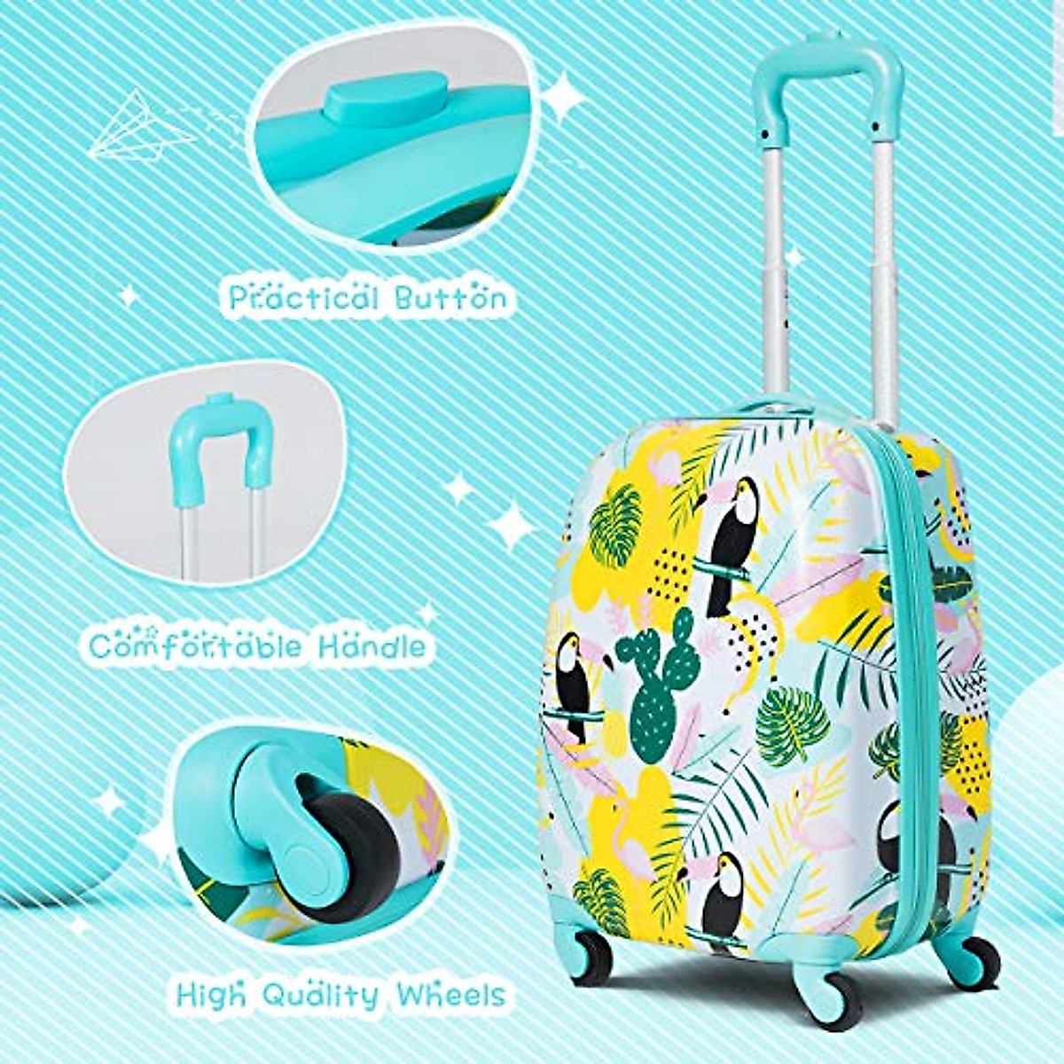 GYMAX Kids Carry On Luggage Set, 12" & 16" 2PCS Rolling Suitcase (Flamingos)