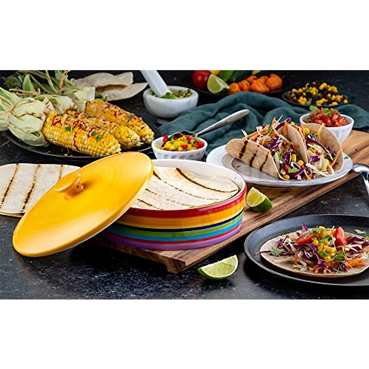 KooK Ceramic Tortilla Warmer, Colorful Design, Perfect for Pancakes, Holds up to 12 tortillas, 8.5 Inch Diameter, Taco warmer 40oz