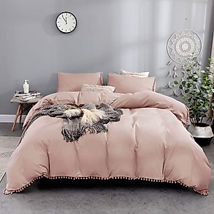 Bowavat Pom Pom Fringe Duvet Cover Twin Size,100% Washed Microfiber 3 Pieces Pink Mocha Duvet Cover Set, Soft and Durable with Zipper Closure and Corner Ties (Twin, Pink Mocha)