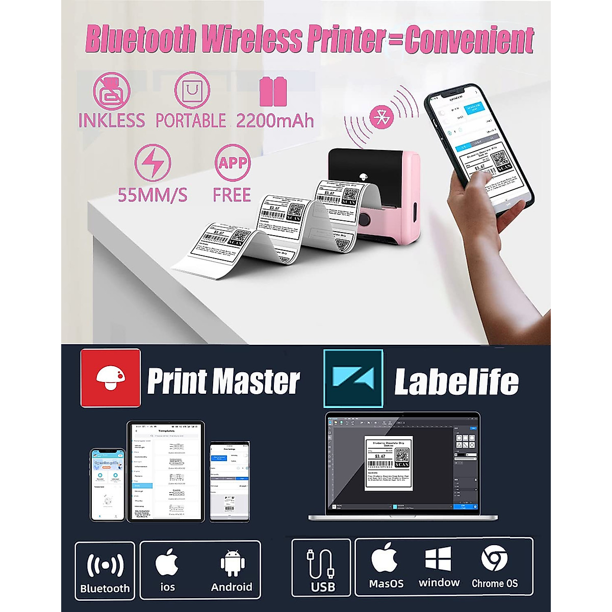 Memoking Label Makers Machine with Tape for Home & Office Organization and Storage - 3" Wireless Label Printer for Office Supplies Labels - Mini Sticker Maker - M200 Bluetooth Label Maker for Phone&PC