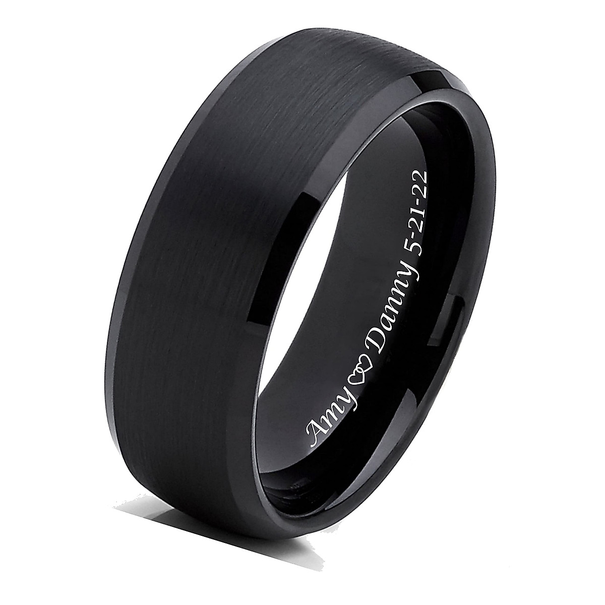 Personalized Black Brushed Men's Tungsten, Custom Engraved Ring, Black Wedding Band, Fiancé Engagement Ring, 8mm Men's Ring- Made in USA