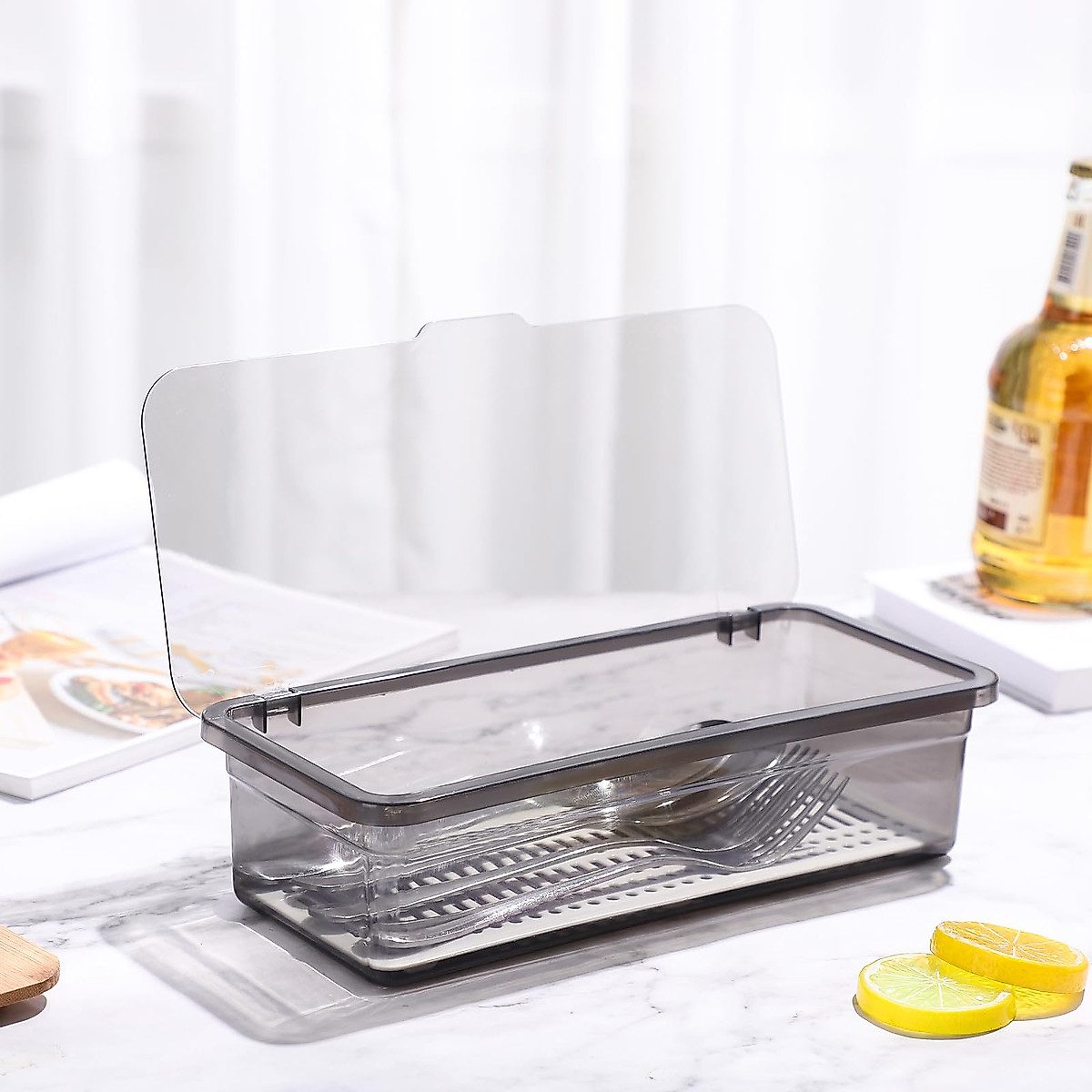 TOPBATHY Cutlery Tray with Lid Kitchen Flatware silverware holder Utensil Organizer Drawer Countertop Storage Container ( Grey)