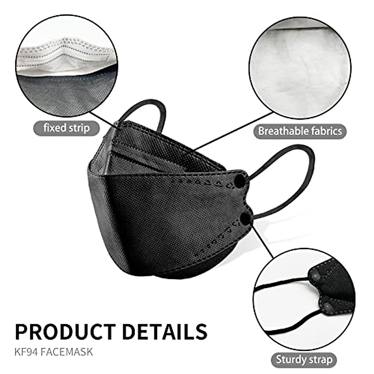 KellyKessa 50Pcs 4-Ply KF94 Black Face Masks Breathable 3D Design Protective Face Filter, No Pain Earloop (Black)