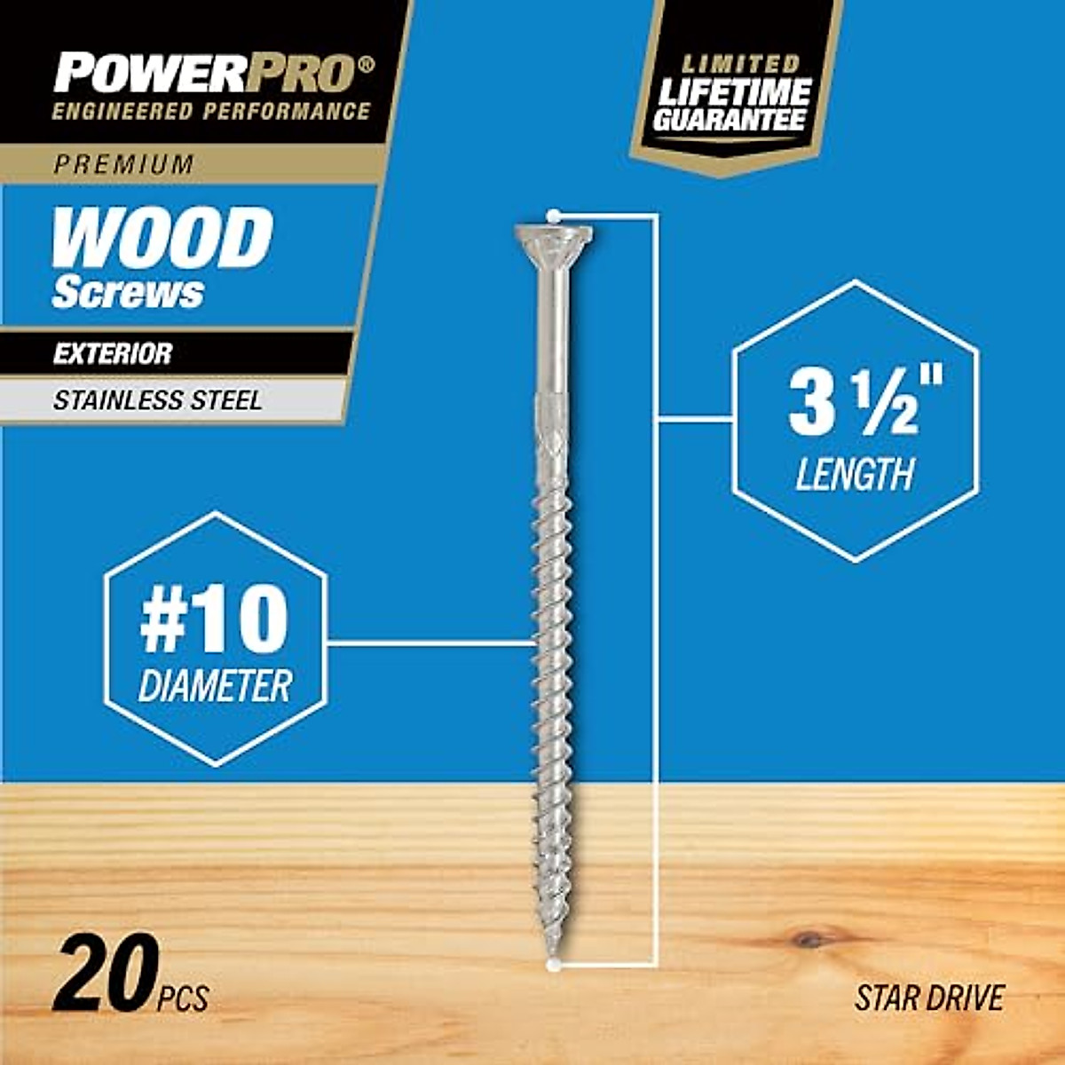 Power Pro Premium 305 Stainless Steel Wood Screws (#10 x 3-1/2") - 20pc