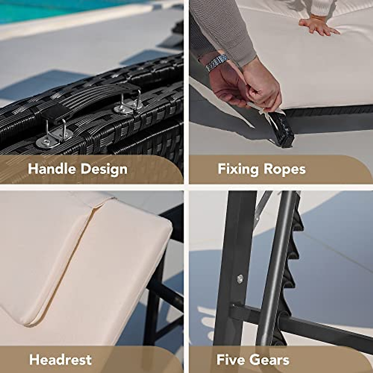 Devoko Patio Chaise Lounge Sets Outdoor Rattan Adjustable Back 3 Pieces Cushioned Patio Folding Chaise Lounge with Folding Table (Beige)