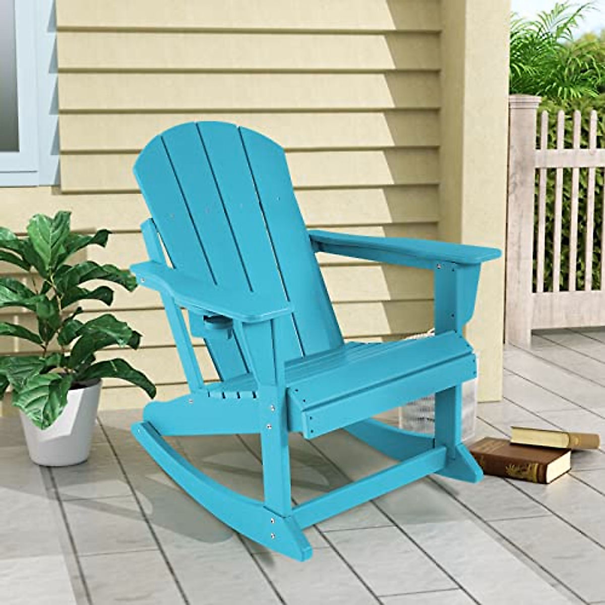 ABCPATIO Adirondack Rocking Chairs Weather Resistant Outdoor Patio Chair with Cup Holder, Seat Width 21.6" Turquoise