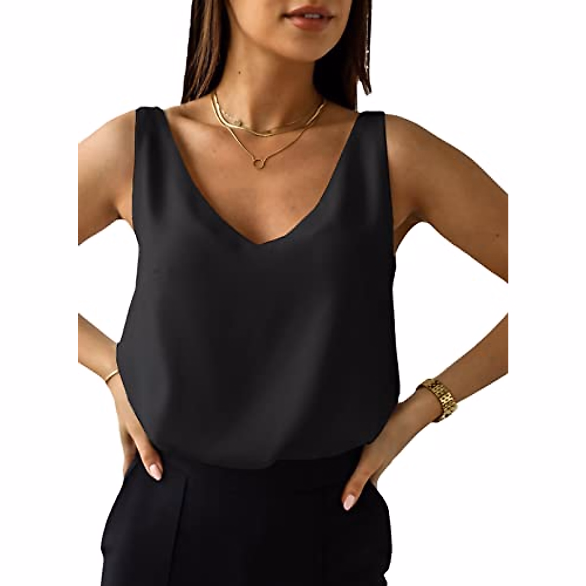 Dokotoo Black Tank Top Women 2023 V Neck Satin Long Flowy Womens Tank Tops Loose Fit Silk Dressy Camisole Black Medium