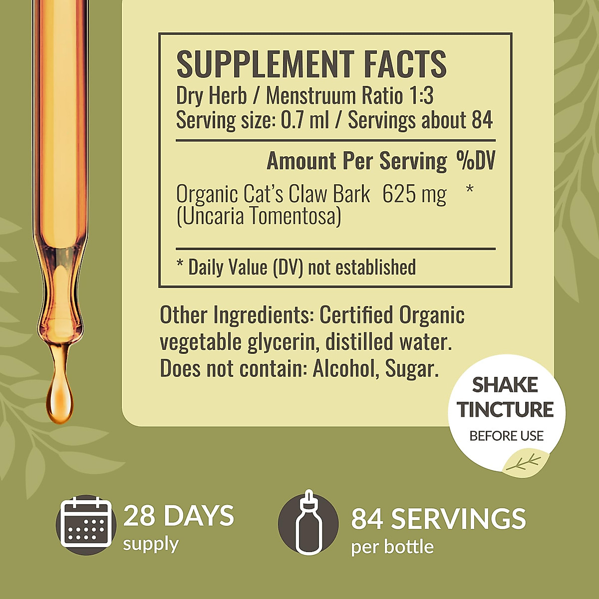 HERBAMAMA Cat's Claw Tincture - Vegan Cat's Claw Supplement for Immune Support - Immunity Drops with Cat's Claw Herb - Alcohol & Sugar-Free, 28-Day Supply