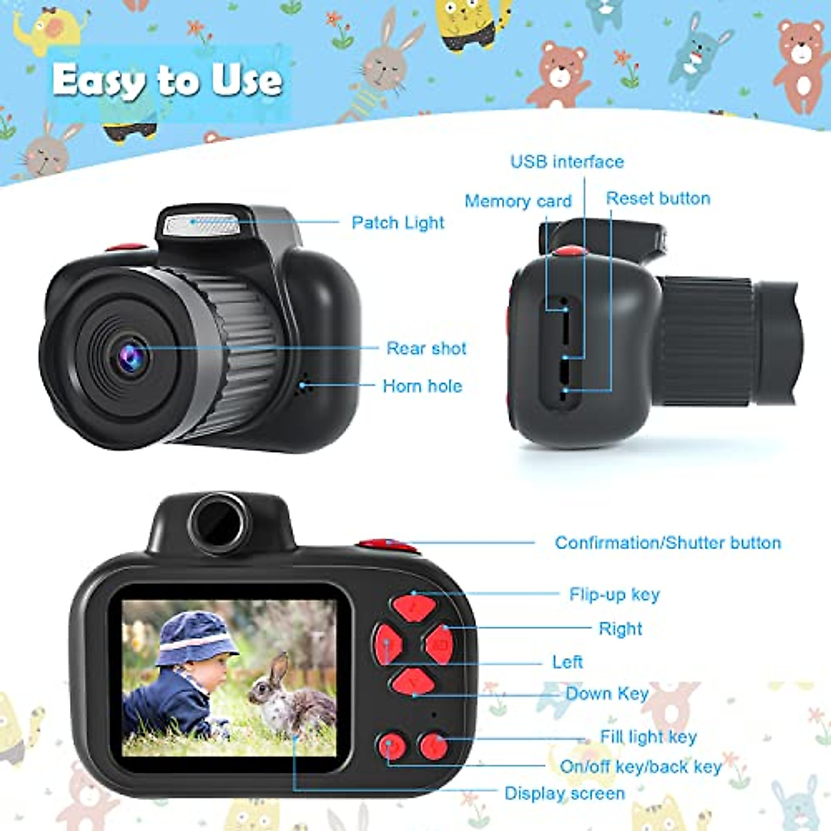 CIMELR Kids Camera, Digital Camera for Kids 6-12 Year Old Boys/Girls, 2.4 inch IPS Screen Toddler Camera, Christmas Birthday Gifts for Kids, Video Camcorder with Fill Light, 32GB TF Card (Black)