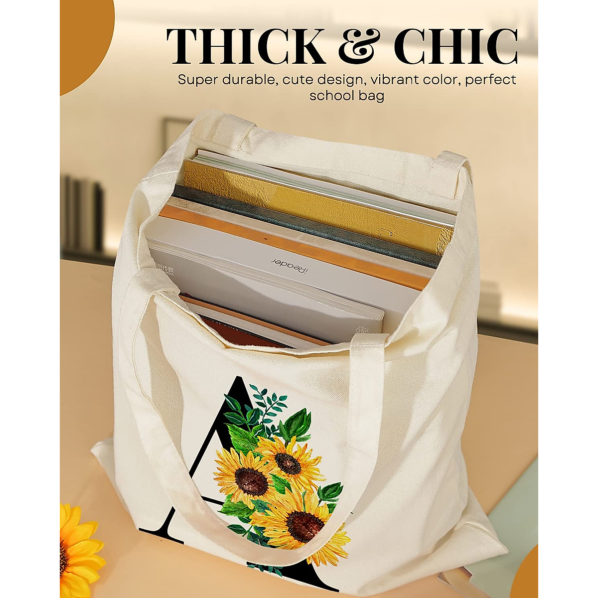 AUSVKAI Canvas Tote Bag Aesthetic for Women, Cute Sunflower Initial Trendy Monogram Personalized Initial Birthday Reusable Cloth Cotton Bags with Handle for Grocery College Shopping Beach