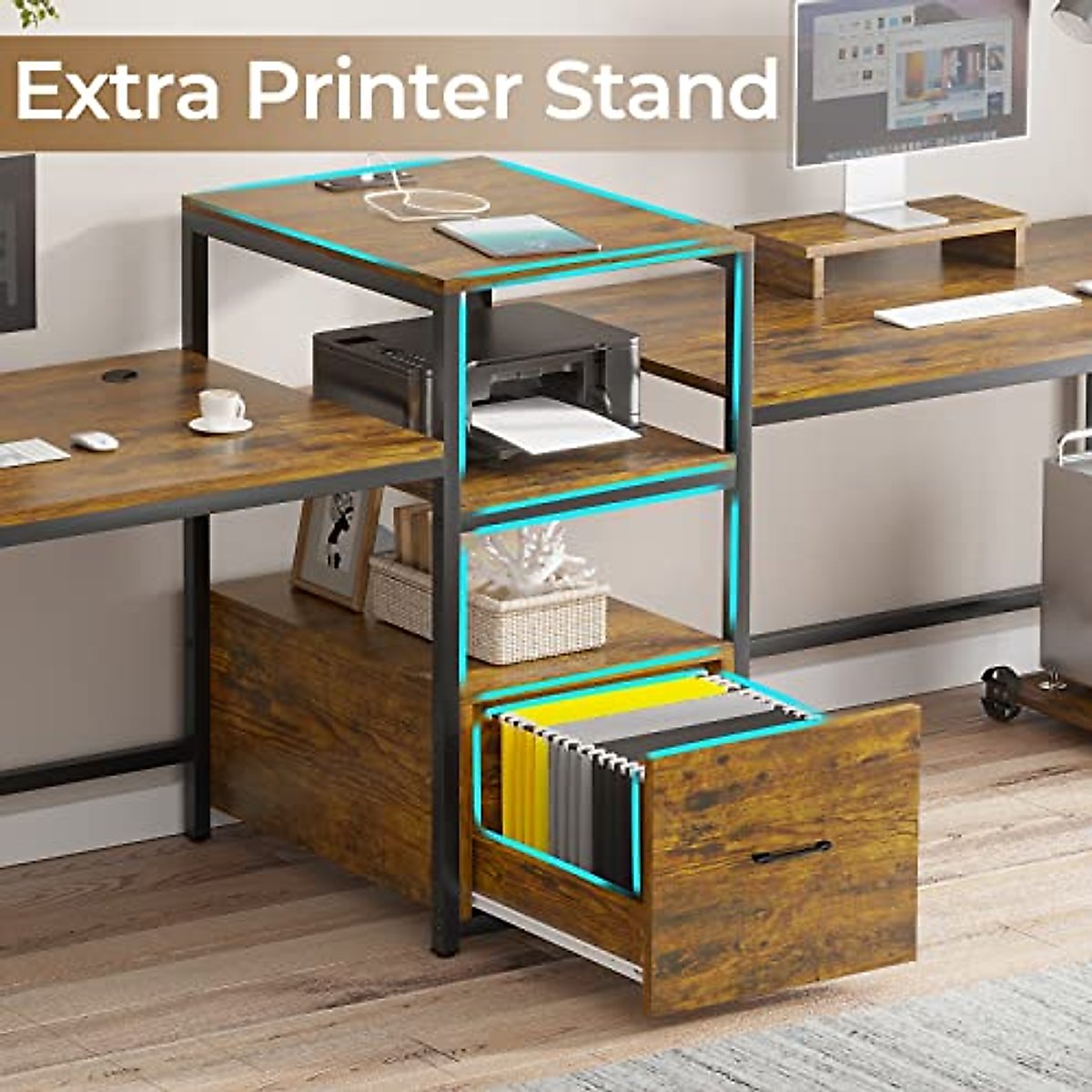 SEDETA 98" Home Office Desk, 2 Person Computer Desk with Letter/A4 File Drawer & Power Strip with USB, Long Desk with Storage, Printer Shelf & Monitor Stand for Home Office, Rustic Brown