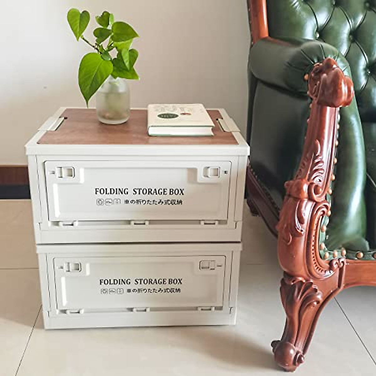 YOHOUYEAR Folding Storage Box with Wooden Lids and Doors,47.5 Qt./45L Stackable Collapsible Closet Organizer,Outdoor Multifunctional Plastic Bins,Camping,Car Trunk,Home Sorting