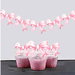 Pink Bow Garland+24Pcs Bow Cupcake Toppers,Bow Banner, Shower Decor,Pink Welcome Baby,Dessert Table Bunting,Coquette Theme Decorations,Double Sided