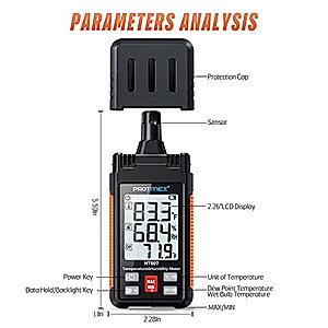 Protmex HT607 Temperature Humidity Meter High Precision Digital Hygrometer with Ambient, Relative Humidity, Dew Point, Wet Bulb Thermometer, Min/Max Hold, LCD Backlight with Cover Protector
