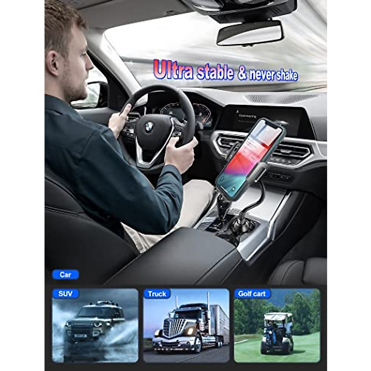 TOPGO Cup Holder Phone Mount, [Upgraded Adjustable Gooseneck & Firmly Stable] Cup Holder Phone Holder for Car, Cell Phone Automobile Cradles for iPhone 14, Samsung and More Smartphone(Black)