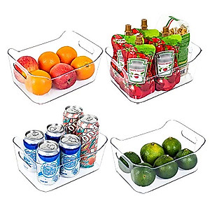 Vtopmart Refrigerator Organizer Bins 4 Pack - Clear Small Plastic Food Organizer with Handle for Fridge, Freezer, Cabinet, Kitchen Pantry Organization and Storage, BPA Free, 9.5" Long