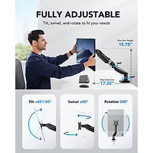 HUANUO Single Monitor Mount, 13 to 32 Inch Gas Spring Monitor Arm, Adjustable Stand, Vesa Mount with Clamp and Grommet Base - Fits 4.4 to 19.8lbs LCD Computer Monitors
