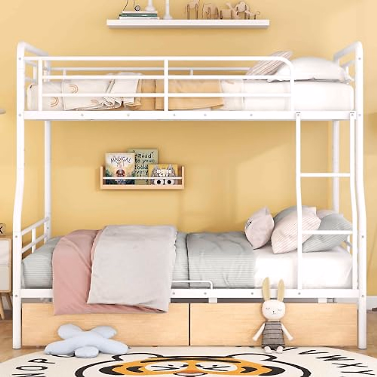 ATY Metal Bunk Bed Full XL Over Queen Size with 2 Drawers, Convertible Sturdy Bedframe w/Ladder and Guardrail, Can Seperated into 2Beds,No Box Spring Needed, for Kids, Teens, Adults, White