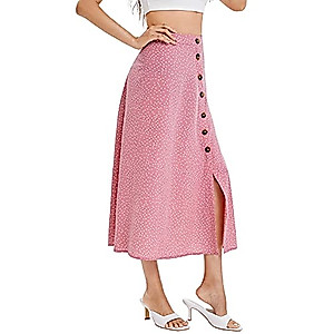 SheIn Women's Polka Dot A-Line Button Side Split Midi Knee Length Skirt Watermelon Pink Large