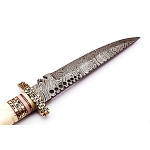 Handmade Damascus Steel Knife - Damascus Steel 14” Inches Knife - Hunting Knife - Camel Bone Brass Spicer Handle – Outdoor Camping Survival Knife - Beautiful Knife - Camel Bone Brass