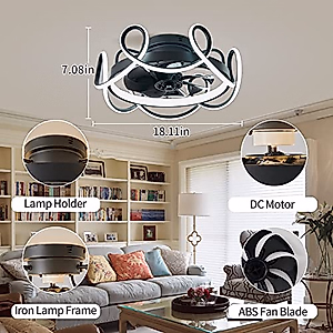 XuanDe Ceiling Fans with Lights and Remote Modern 18" Ceiling Fans Bladeless, Quiet Motor Stepless Dimmable 6 Wind Speeds Geometric, Low Profile Flush Mount Ceiling Fan for Bedroom Living Room