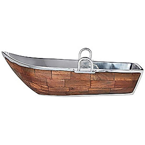 Godinger Wood Lined Boat Bowl with Salad Server, Silver