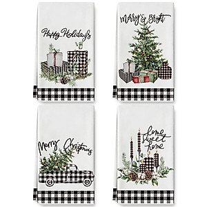 Whaline Christmas Kitchen Towel Xmas Tree Truck Gift Box Dish Towel Watercolor White Black Buffalo Plaids Hand Drying Tea Towel for Cooking Baking, 4 Pack, 18 x 28 Inch