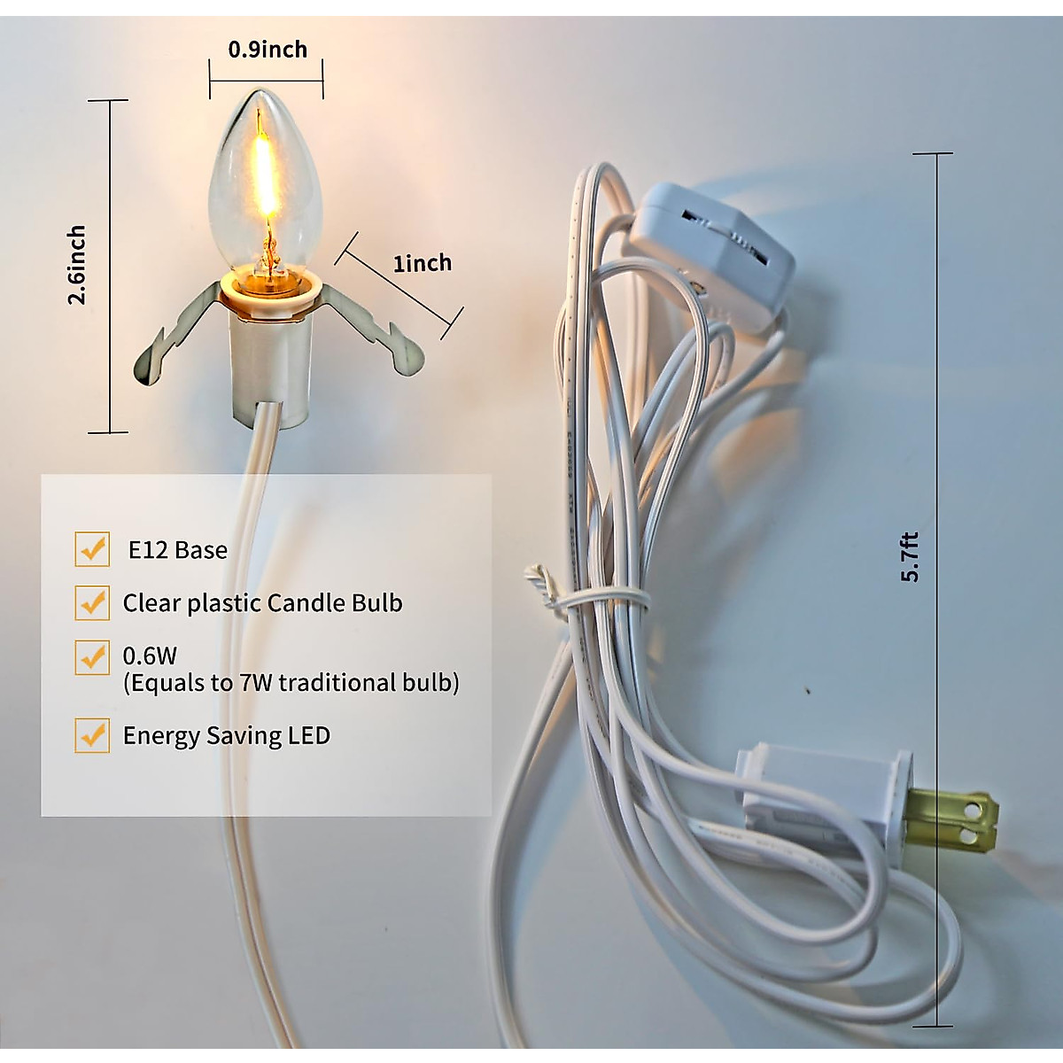 MX232 Set of 2 Accessory Cord with 2 Led Light Bulb 6 Ft White Cord with On/Off Switch Plugs e12 Candelabra LED Light Bulbs and Clips for Halloween Christmas Decorations Craft Village House Decoration