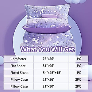 HOMBYS Glow in The Dark Comforter Set 7 Piece Full Size with Sheets, Purple Velvet Bedding Comforter Sets for Full Bed, Ultra Soft Down Alternative Comforter for Teenage Girls Kids, Bed in a Bag