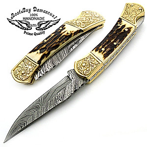 Best.Buy.Damascus1 Damascus pocket knife, Folding knife, Pocket Knife For Men, Knife Set with knife sharpeners Premium Quality gifts for men (antlers Scrimshaw)