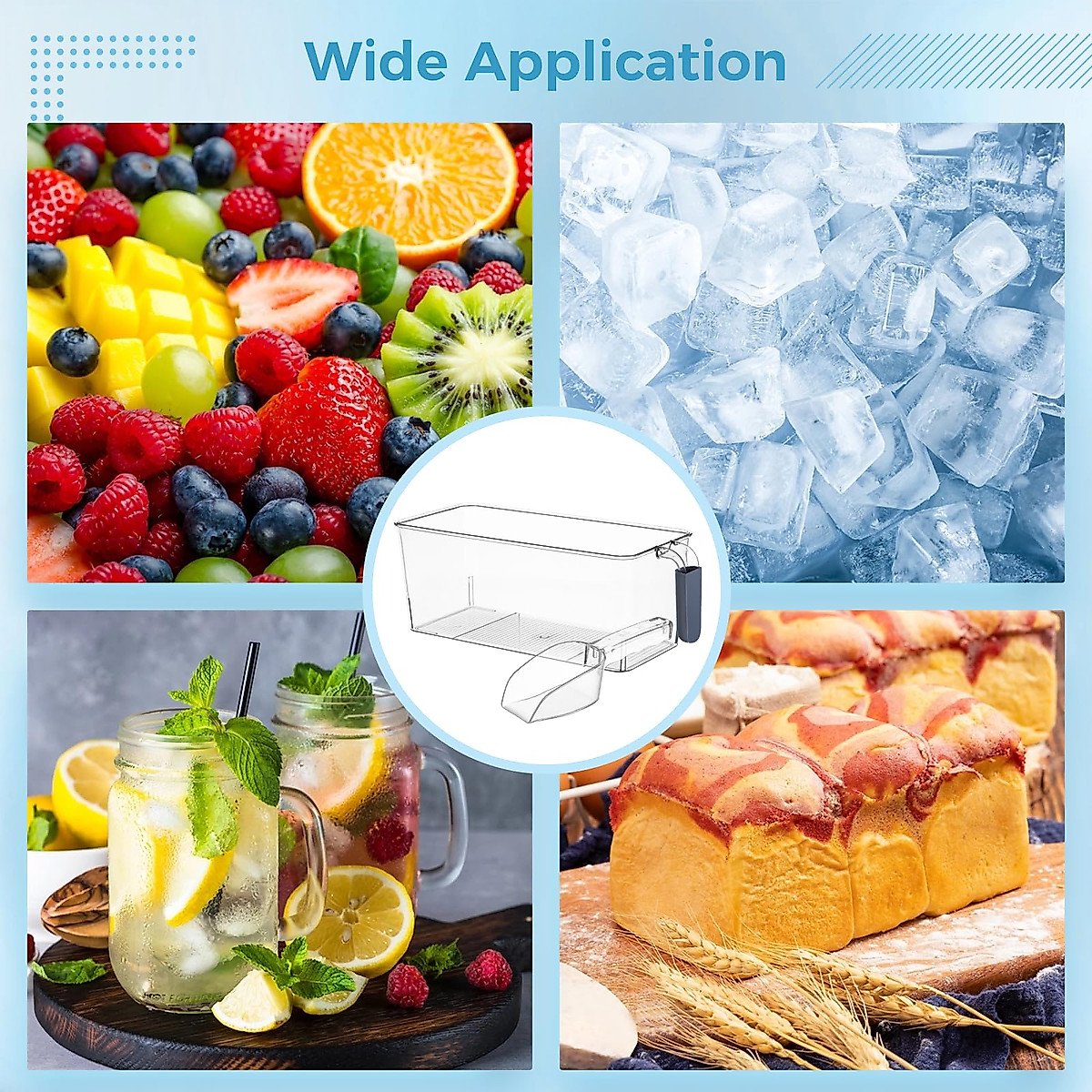 4 Set Clear Storage Bins with Scoops Stackable, Acrylic Freezer Ice Buckets with Scoops for Parties, Plastic Pantry Organizer Bins Food Storage Bins with Handle for Fridge, 4.4 Liter