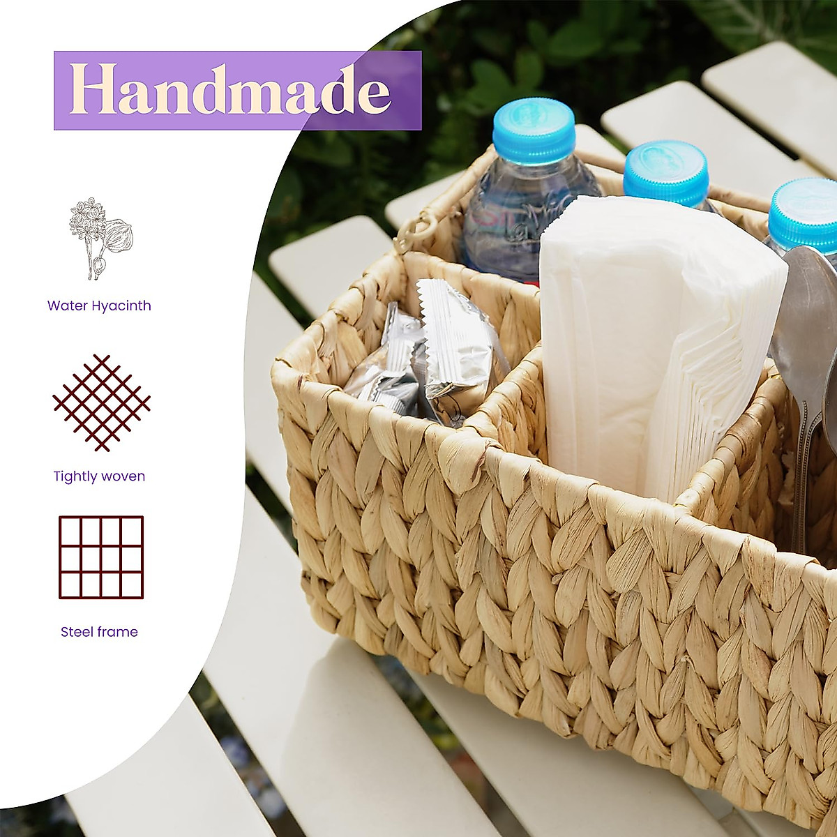 ACAHOME Wicker Silverware Caddy with Handle - Hand Woven Flatware Caddy for Countertop, Picnic - Handmade Utensil Holder Organizer for Kitchen, Office, Bathroom, Bedroom (Water Hyacinth)